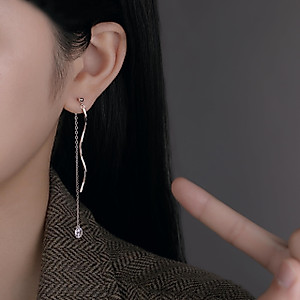 SLUYNZ 925 Sterling Silver CZ Droplet Dangle Earrings Chain for Women Teen Girls Long Dangle Earrings Curved Tassel (A-Silver)