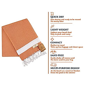 Selenly Turkish Beach Towel, 100% Cotton Pre-Washed Quick Dry 37x71 Inches Peshtemal Bath Towel for Beach, Bathroom, Pool, SPA, Gym, Yoga - Soft and Absorbent Beach Blanket (Orange)