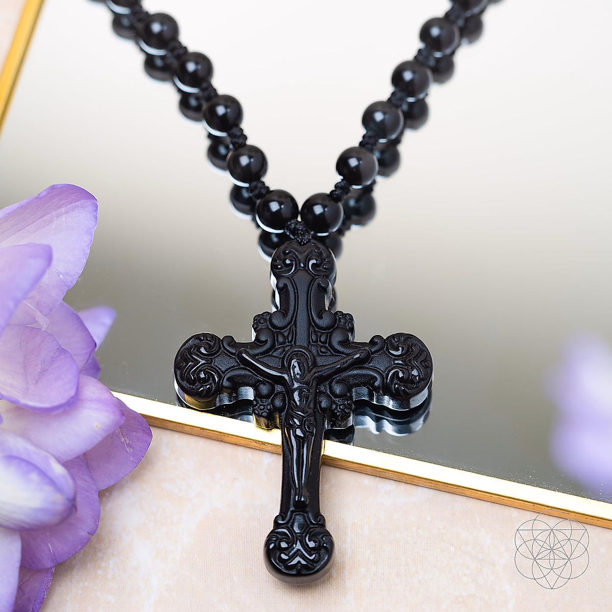 Conscious Items - Black Obsidian Necklace - Sacred Armor: Black Obsidian Cross of Faith and Protection - Pearl Necklace with Cross - Chakra Cross Necklace - Cross Necklace for Men