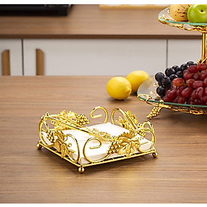 Flat Napkin Holder for Table Gold With Weight Arm for Kitchen Courtertops Dinning Table Grape Leaf Modern Tissue Dispenser Stainless Steel Gilding (7" L X 7" W X 2.5" H)
