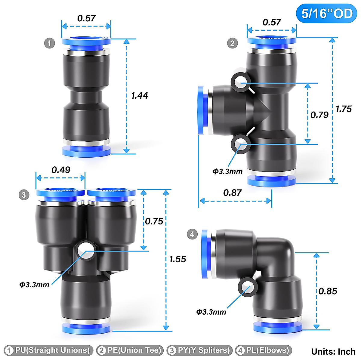 TAILONZ PNEUMATIC 5/16 Inch od Push to Connect Fittings Pneumatic Fittings Kit 10 Spliters+10 Elbows+10 tee+10 Straight(40 pcs)