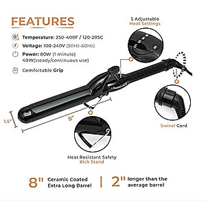 Le Angelique 1.5 Inch Curling Iron with Clip - Professional 8" Extra Large Barrel for Big Long Hair | 1 1/2" 38mm Jumbo Wide Thick Ceramic Curler Wand | Adjustable Temperature | Dual Voltage
