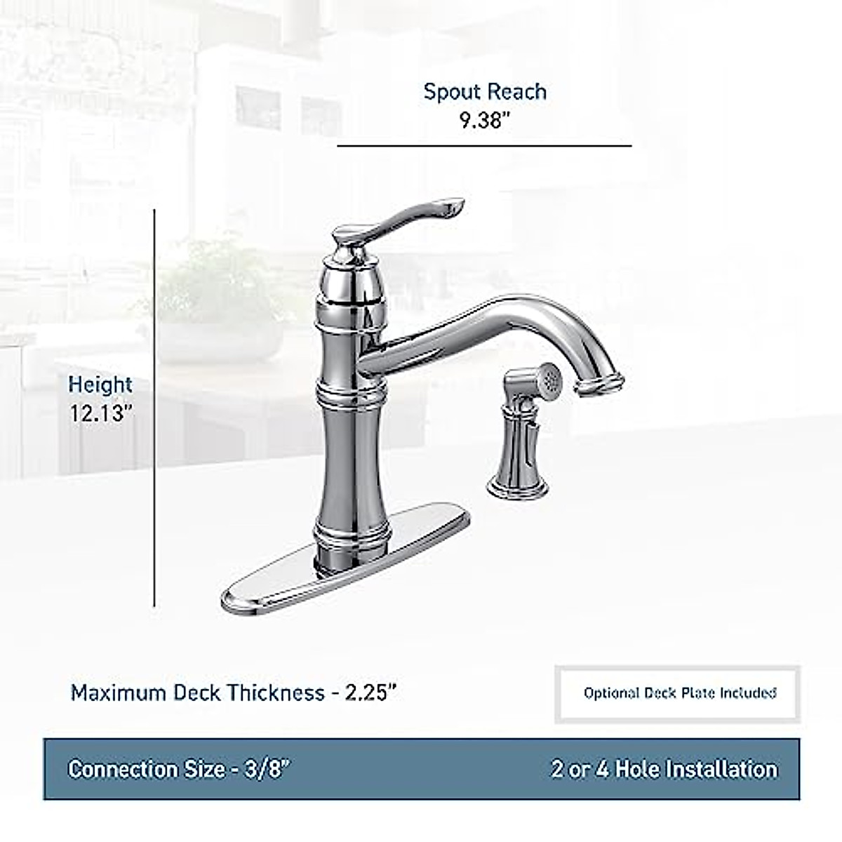 Moen 7245SRS Belfield One Handle High Arc Kitchen Faucet, Spot Resist Stainless, Side Spray, Ergonomic Head Angle, Flexible Installation, Optional Deckplate Included