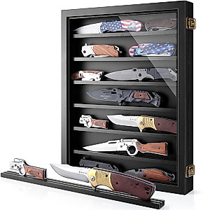 ULTRGEE Pocket Knife Display Case, Knife Collection Display Shadow Box for Wall Military Folding Knife Showcase Display Cabinet with Acrylic Panel and Removable Dual Recessed Shelves