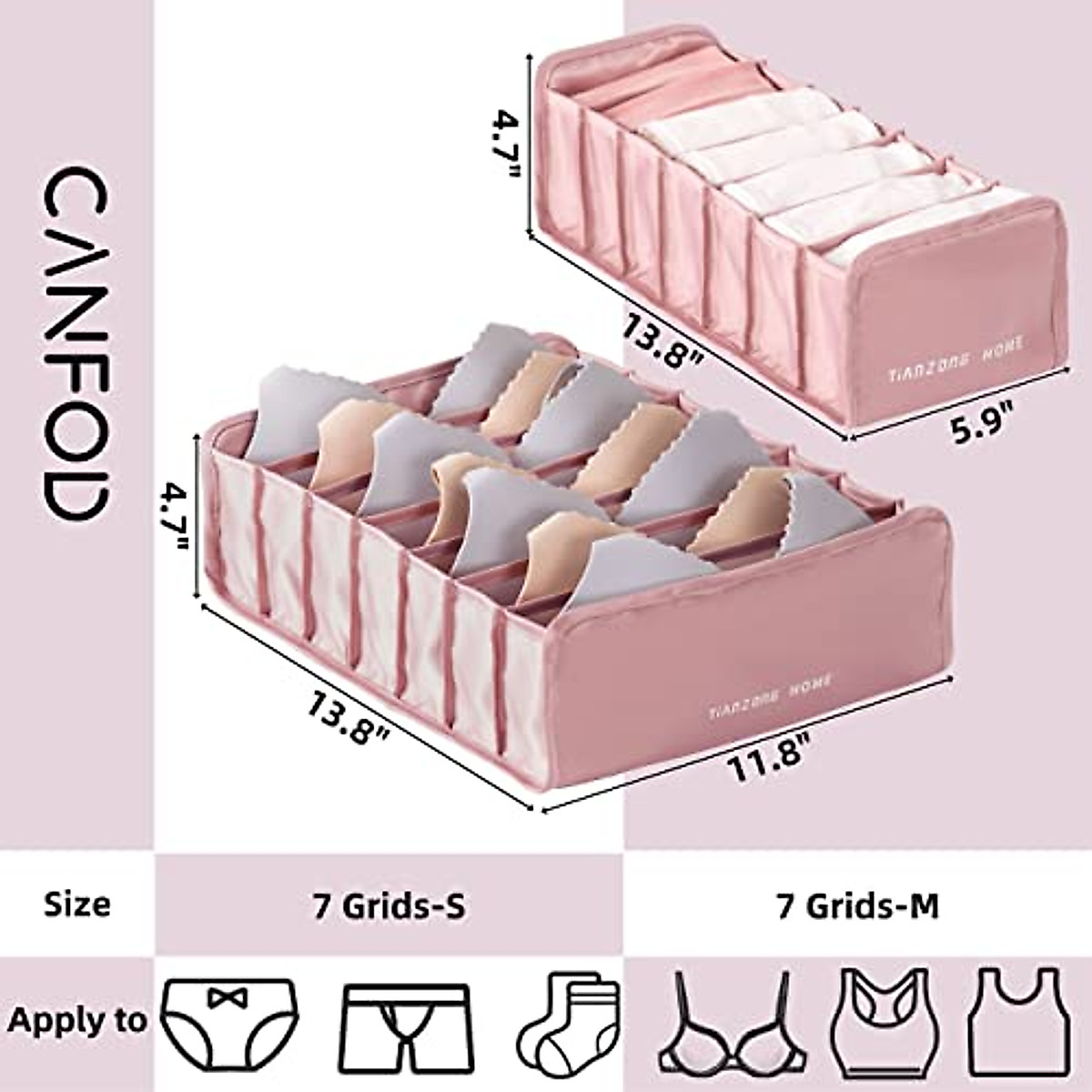 CANFOD 3-Piece Set Wardrobe Clothes Organizer for Drawers, Underwear Drawer Organizer, Closet Organizers and Storage for Folded Clothes (Sock & Underwear set (7S*2+7M*1), Morandi Pink)