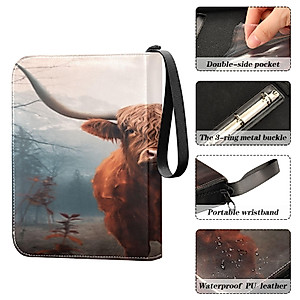 PYBUG Highland Cow Trading Card Binder with Nylon Strap 4-Pocket Waterproof PU Leather Card Collection Binder for 400 Cards Sturdy Card Holder Folders for Game Cards,Sports Cards