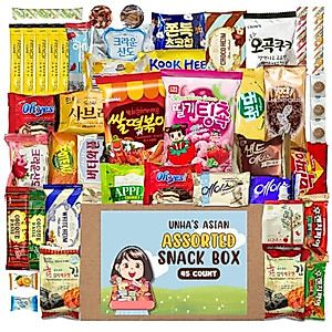 Korean Snack Box Variety Pack - 45 Count Individual Wrapped Gift Care Package Bundle Sampler Assortment Mix Candy Chips Cookies Treats for Kids Children College Students Adult