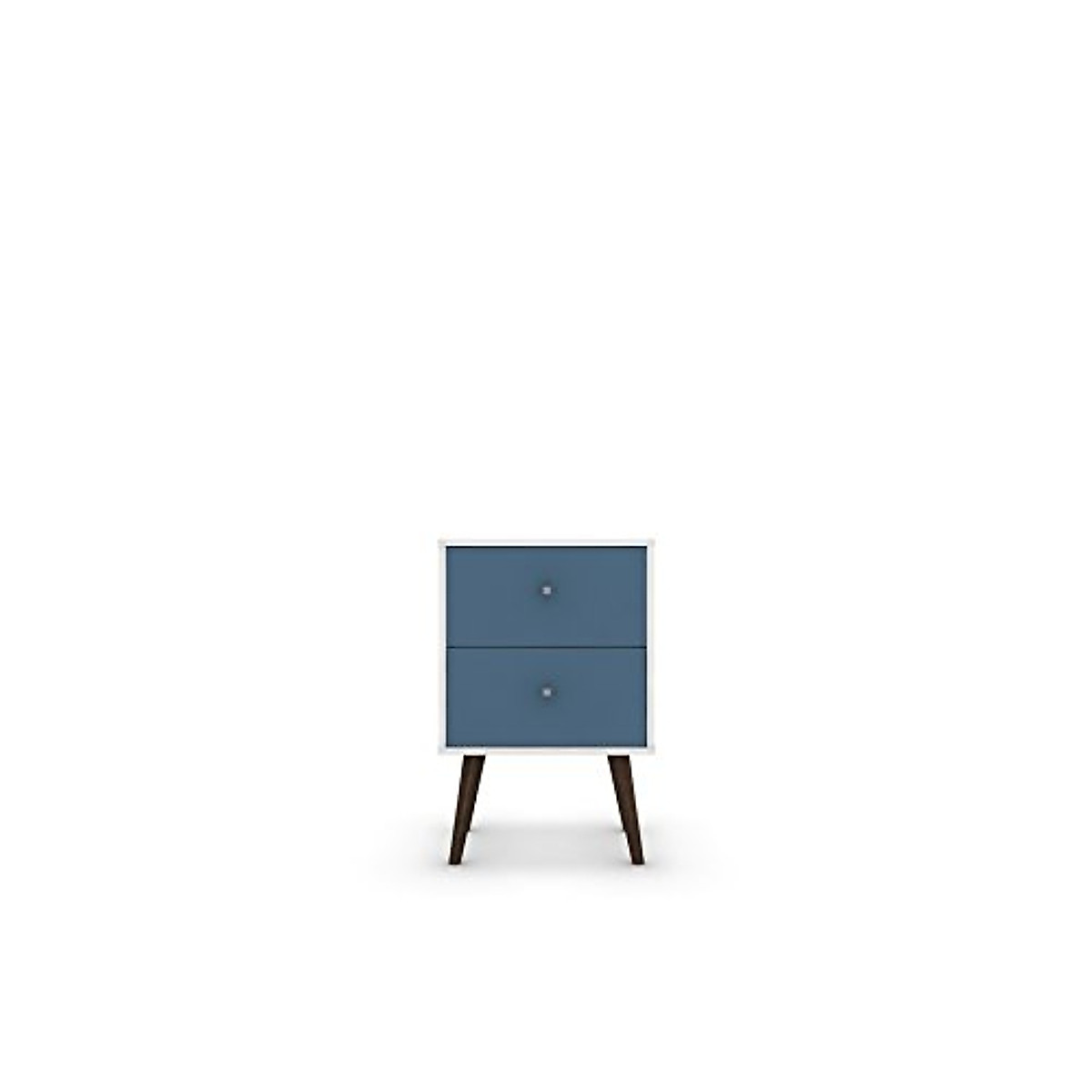 Manhattan Comfort Liberty Collection Mid Century Modern Nightstand With Two Drawers, Splayed Legs, White/Blue