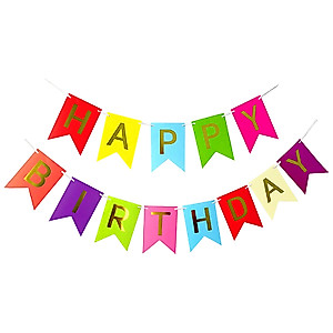 Happy Birthday Banner with Shiny Gold Letters Rainbow Colorful Happy Birthday Bunting Banner for Party Decorations, Swallowtail Flag Happy Birthday Banner, Gold Happy Birthday Banner for Kids Birthday