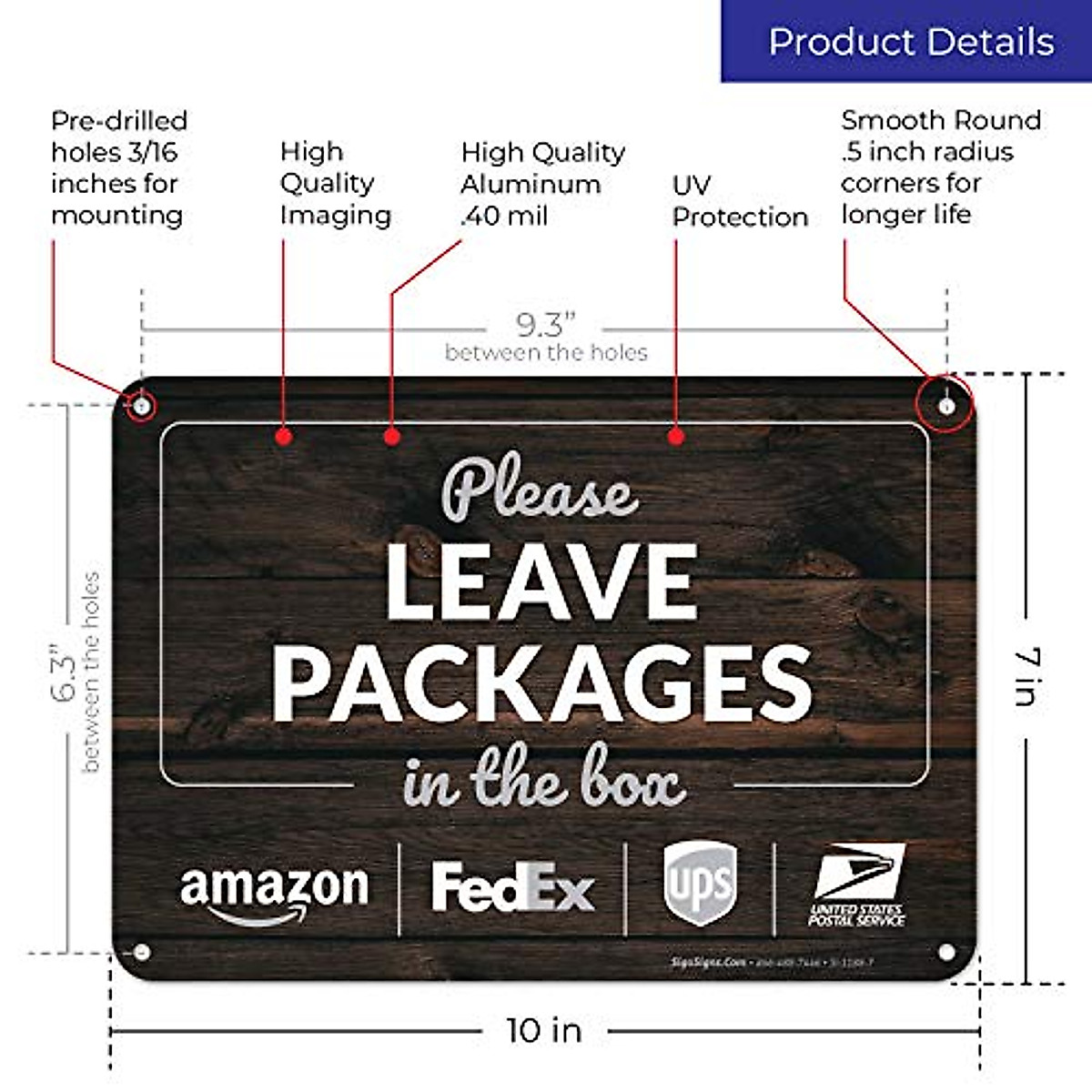 Package Delivery Sign, Please Leave Packages In The Box Wood Background, 10x7 Inches, Rust Free .040 Aluminum, Fade Resistant, Indoor/Outdoor Use, Made in USA by Sigo Signs
