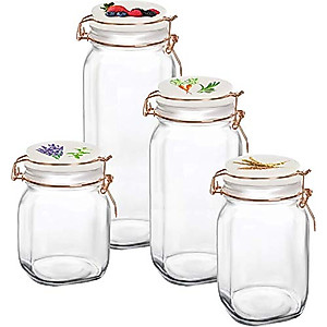Circleware Vegetable Decal Glass Canisters Shaped with Ceramic Lids, Set of 4 Kitchen Glassware Food Beverage Preserving Containers for Coffee, Sugar, Tea, Spices, Cereal, 66 oz, 49 oz, 30 oz, 22 oz