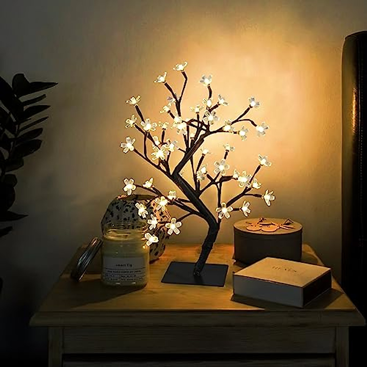 PEIDUO 17.5” Lighted Cherry Blossom Tree 48 Warm White Lights Plug in Adapter Light up Bonsai Tree for Christmas Indoor Home Bedroom Office Living Room Tabletop Tree Night Light Artificial Plants