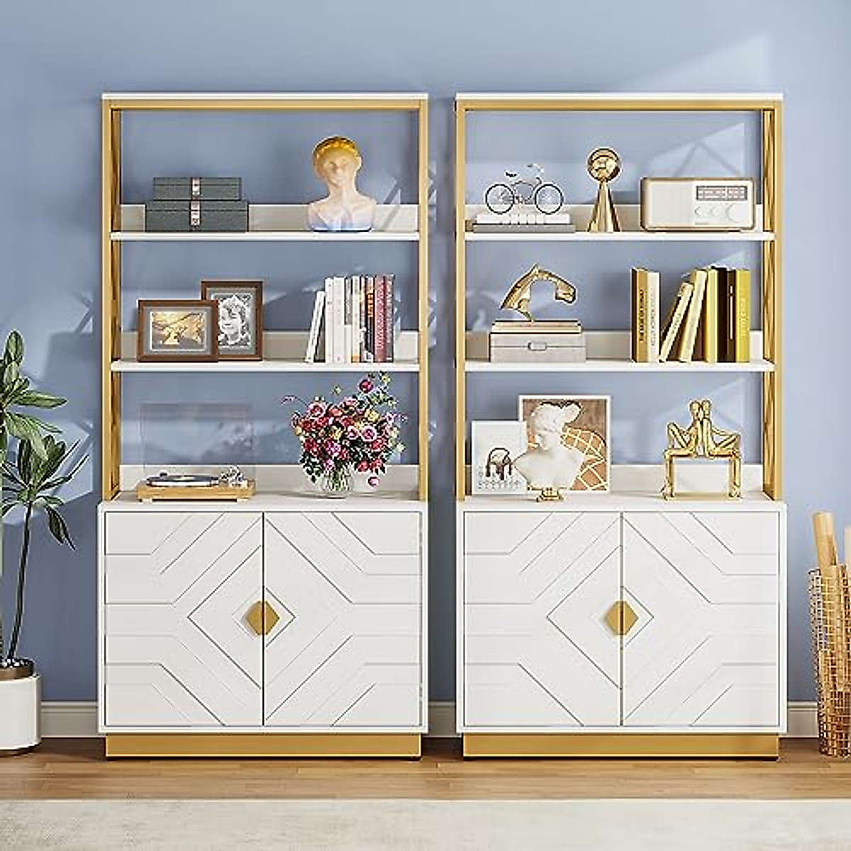 Tribesigns White and Gold Bookshelf with Doors: 70.9 Inches Tall Etagere Bookcase with 3 Shelves 2 Cabinets, Modern Open Display Book Shelves with Metal Frame for Living Room Bedroom Office