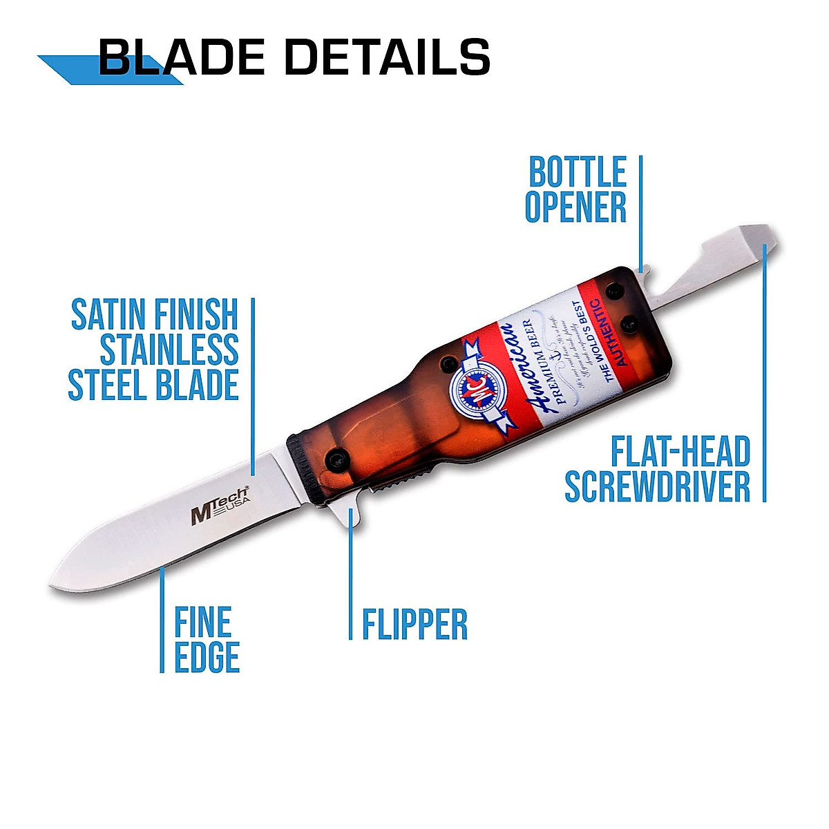 MTECH USA – Spring Assisted Folding Knife – Stands Upright – American Beer Knife - Stainless Steel Blade w/ABS Handle Shaped Like a Bottle, Bottle Opener, Screwdriver, Pocket Clip - EDC – MT-A1195A