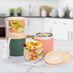 Eorbow 2 Pack Insulated Yogurt Container, 24oz Breakfast On the Go Cup with Plastic Topping Cereal Oatmeal Cup, 2-in-1 Food Storage Jar with Lid and Spoon, Overnight Oats Container for Soup Lunch