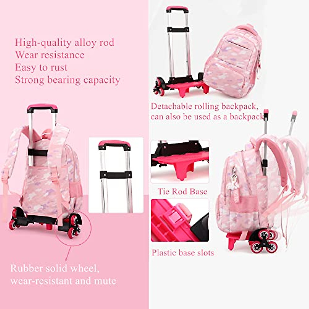 Rolling Backpack for Girls Elementary School Students with Wheels Bookbags Kids trolley Tie Rod Schoolbag Teens Travel Bag