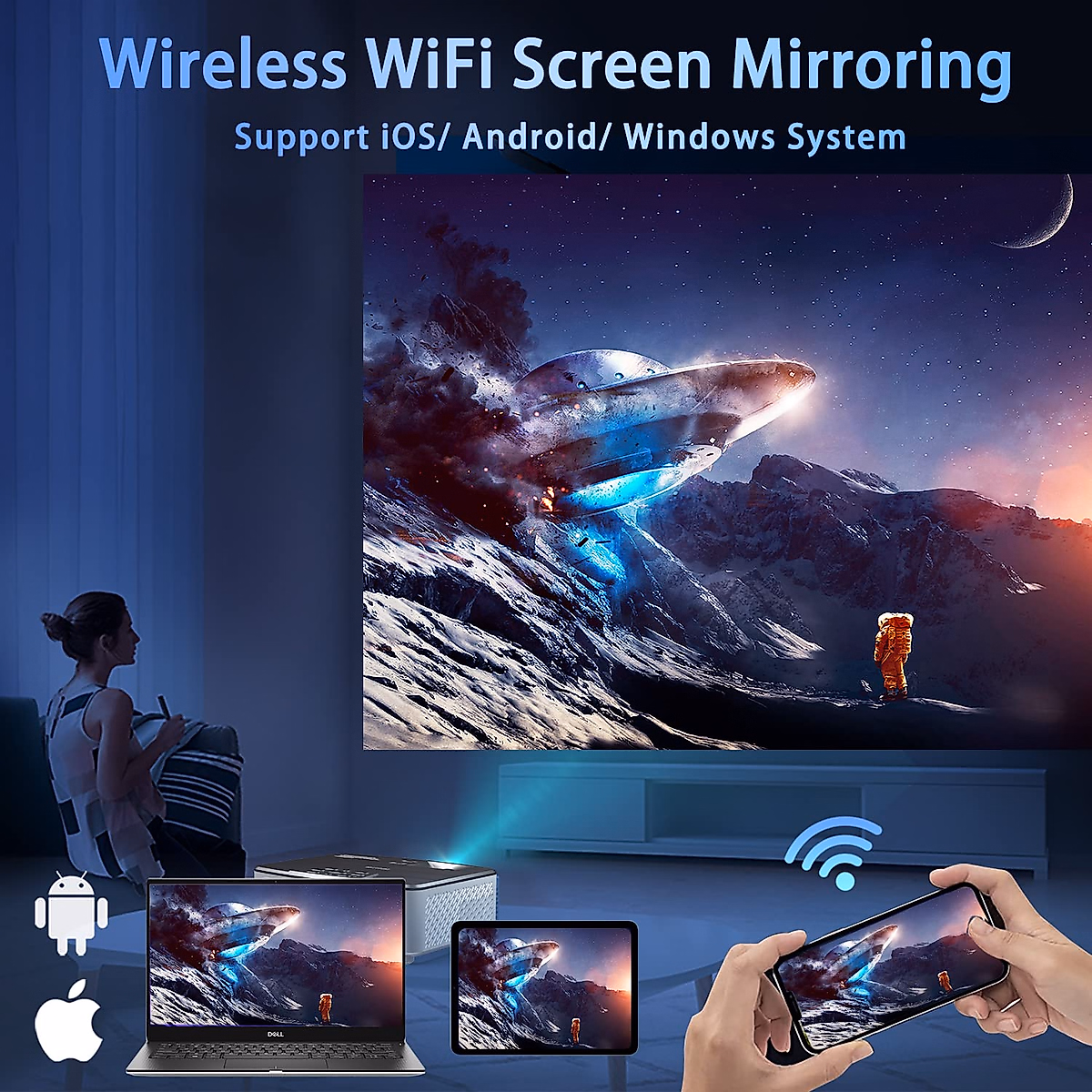 WiFi Bluetooth Projector, Native 1080P HD Movie Projector with Carrying Case, 9500LM 4K Supported 200" Display Home Theater, Compatible with iOS/ Android/ Xbox/ PS5/ TV Stick/ HDMI…