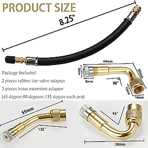 Z-oneMart 5 Pack Tire Valve Extension, 2Pcs 8.25 Inch Flexible Valve Stem Extenders with Brass 45 90 135 Multi Degree Schrader Tire Valve Stem Extension Adaptor Compatible for RV Bike Motorcycle Car
