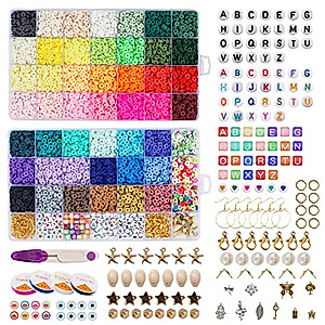 Maxzola inc. Clay Beads for Jewelry Bracelet Necklace Making Kit, 12870 Pcs Flat Round Polymer Clay Beads with Elastic Strings Pendant Charms Kit