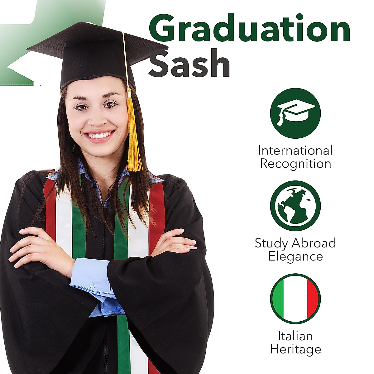 Vision Wear Italy Flag Graduation Sash/Stole International Study Abroad Adult Unisex