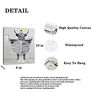 FOTRIC Highland Cow Reading Newspaper In Toilet Canvas Print Country Cow and Sunflower Wall Art Painting Bedroom Bathroom Framed Wall Decor (Wooden frame8''x10'',A)