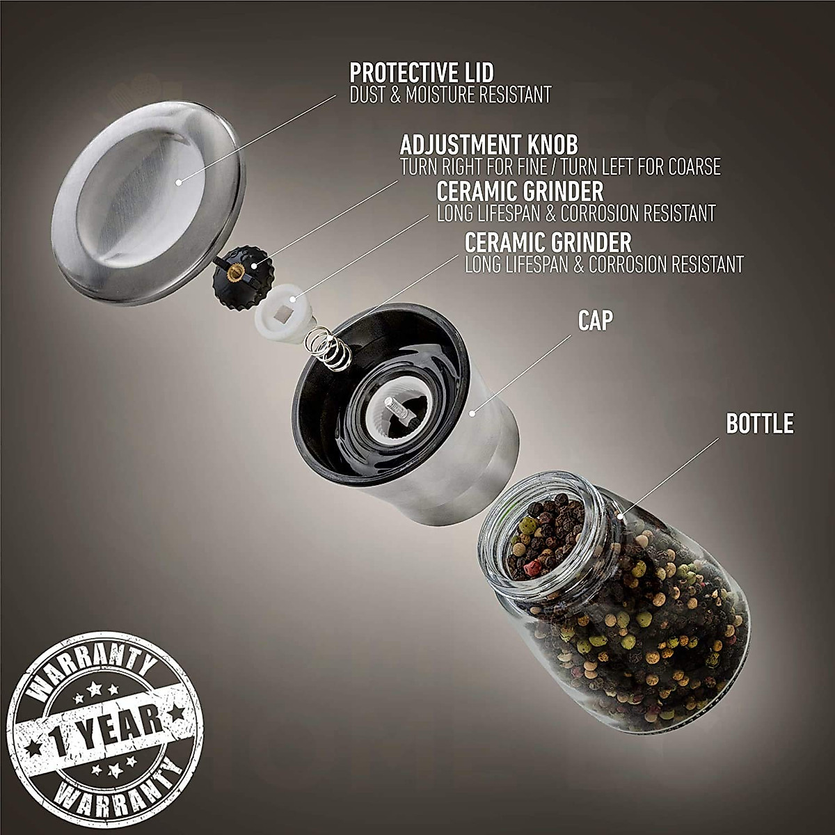 HOME EC Premium Stainless Steel Salt and Pepper Grinder Set of 2 - Adjustable Ceramic Sea Salt Grinder & Pepper Grinder - Glass Salt and Pepper Shakers - Pepper Mill & Salt Mill W/Funnel & EBook