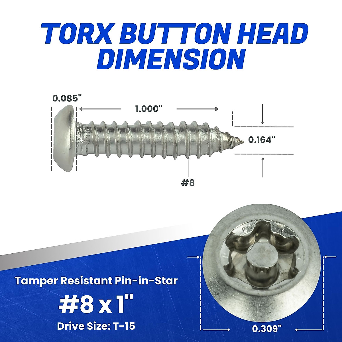 Fastenere Torx Security Sheet Metal Screws - #8 x 1" (25-Pack) Button Head, Tamper-Resistant, Anti Theft Stainless Steel Screws for Higher Level of Safety & Secure Fastening Solution