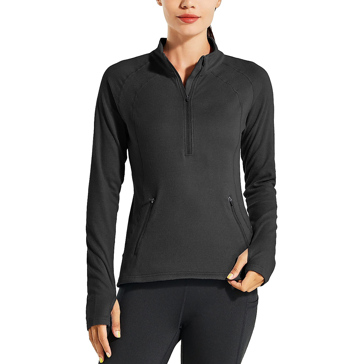 Willit Women's Fleece Running Jacket Pullover Thermal Equestrian Shirt Golf Shirt Long Sleeve Half Zip Exercise Winter Gear Black L