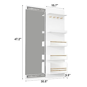 ECACAD 2 in 1 Full Length Mirror Wall Mounted with Shelves, Full Body Dressing Mirror, Versatile Coat Rack with Sliding Mirror for Entryway, Bedroom, White (15.7"-30.5" x 47.2")