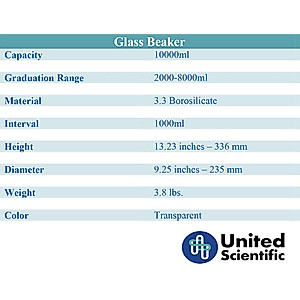 United Scientific™ BG1000-10000 Borosilicate Laboratory Grade Glass Beakers| Griffin Style Low Form Beaker | Graduated with Spout | Designed for Laboratories & Chemistry Classrooms| 10000mL Capacity