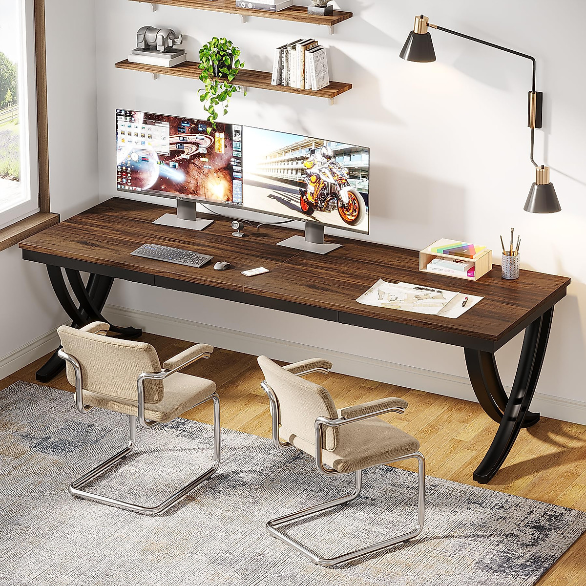 Tribesigns 2-Person Office Computer Desk, 78.7-Inch Extra Long Desk, Large Double Desk for Home Office, Workstation Work Desk for Two People with Stylish Legs, Rustic Brown