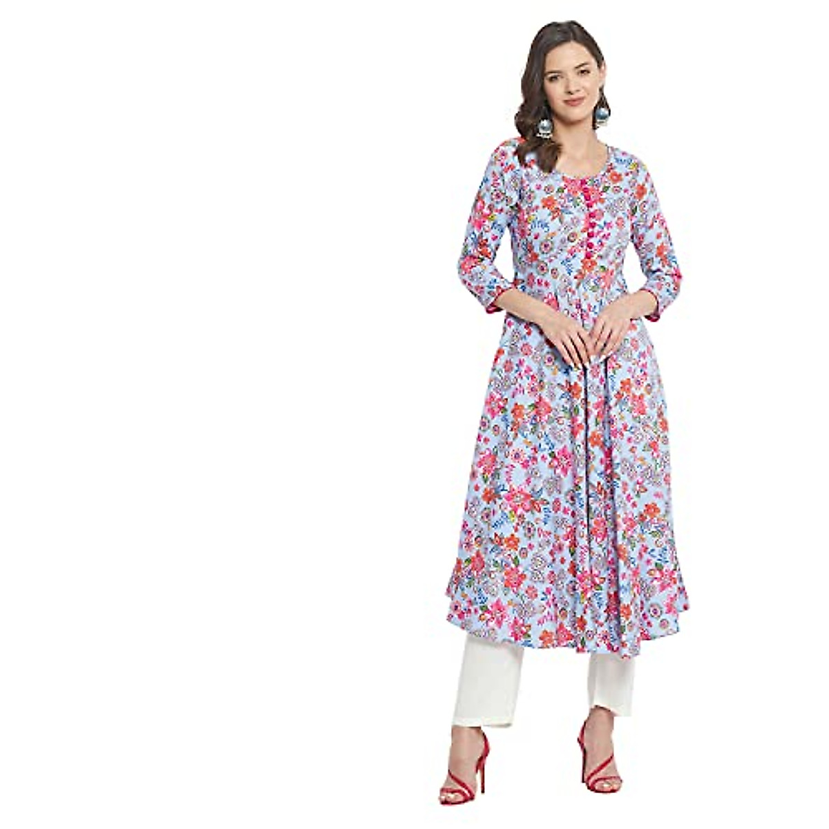 Tissu Women's Rayon Light Blue & Pink Printed A-Line Kurta 2156_Light Blue_XS