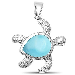 CloseoutWarehouse Larimar Teardrop Shape Turtle Hanging Pendant Sterling Silver