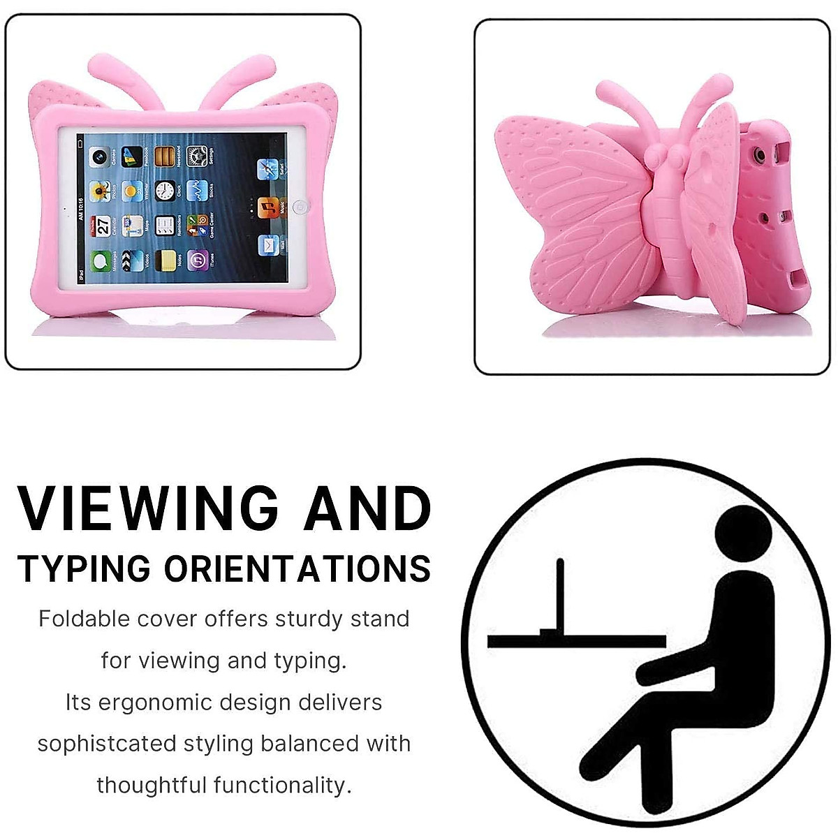 Feitenn iPad 8th Generation Case for Kids 10.2 inch 2020/2019, Shockproof Kickstand Butterfly Cover Non-Toxic EVA Foam Wings Kid-Proof Rugged Bumper Boy Girl Gift for iPad 7th 8th Gen 10.2'' - Pink