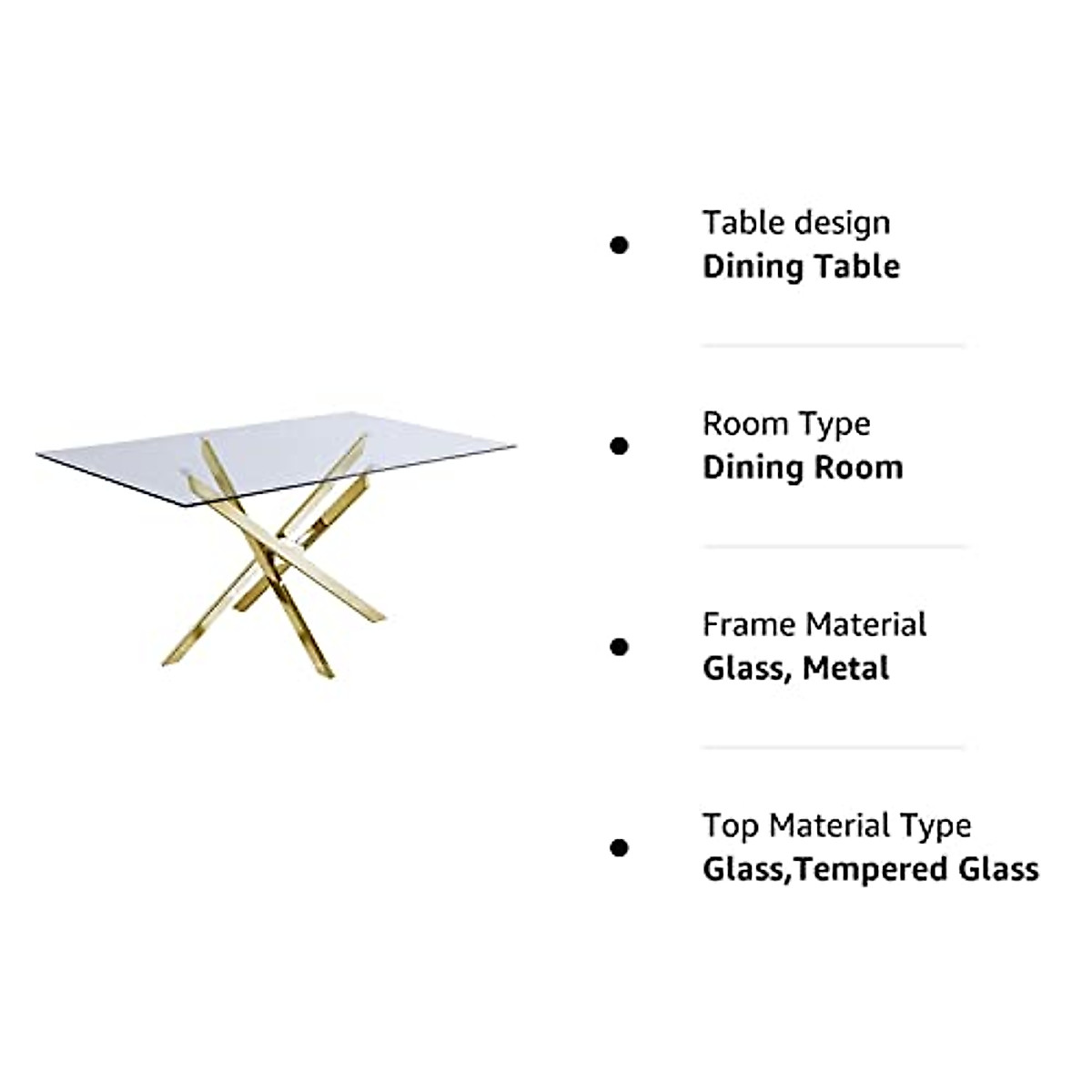 Meridian Furniture Xander Collection Modern | Contemporary Tempered Glass Top Dining Table with Durable Metal Base, 60" W x 36" D x 30" H, Gold Finish