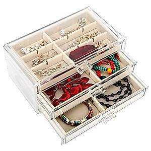FEISCON Acrylic Jewelry Organizer Makeup Cosmetic Storage Organizer Box Clear Jewelry Case with 3 Drawers Adjustable Jewelry Box Velvet Trays Grid Size