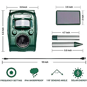 AMERFIST Solar Animal Repeller, 2021 Ultrasonic Mole Repellent, Rat, Squirrel, Deer, Raccoon, Skunk, Rabbit, Mole, Dog, Cat, Waterproof with Motion Detector, USB Rechargeable, Flashing Light (Green)