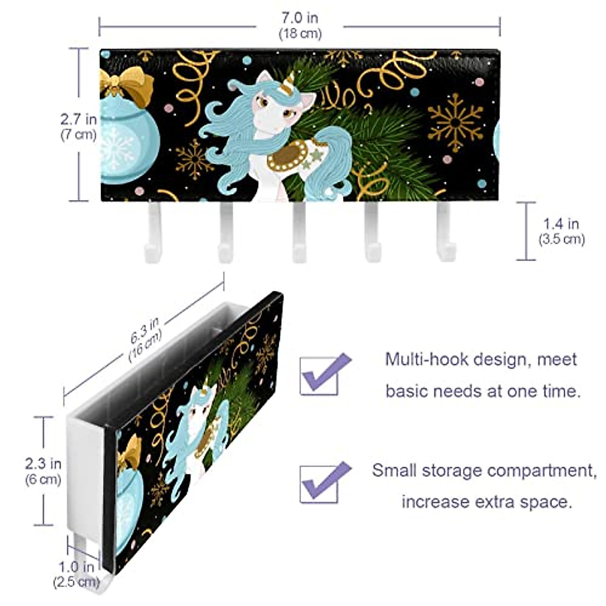 Christmas Unicorn Magical Floral Rack Organizer with 5 Hooks Wall Bathroom Kitchen Shelf Rack Multifunctional Storage Shelf