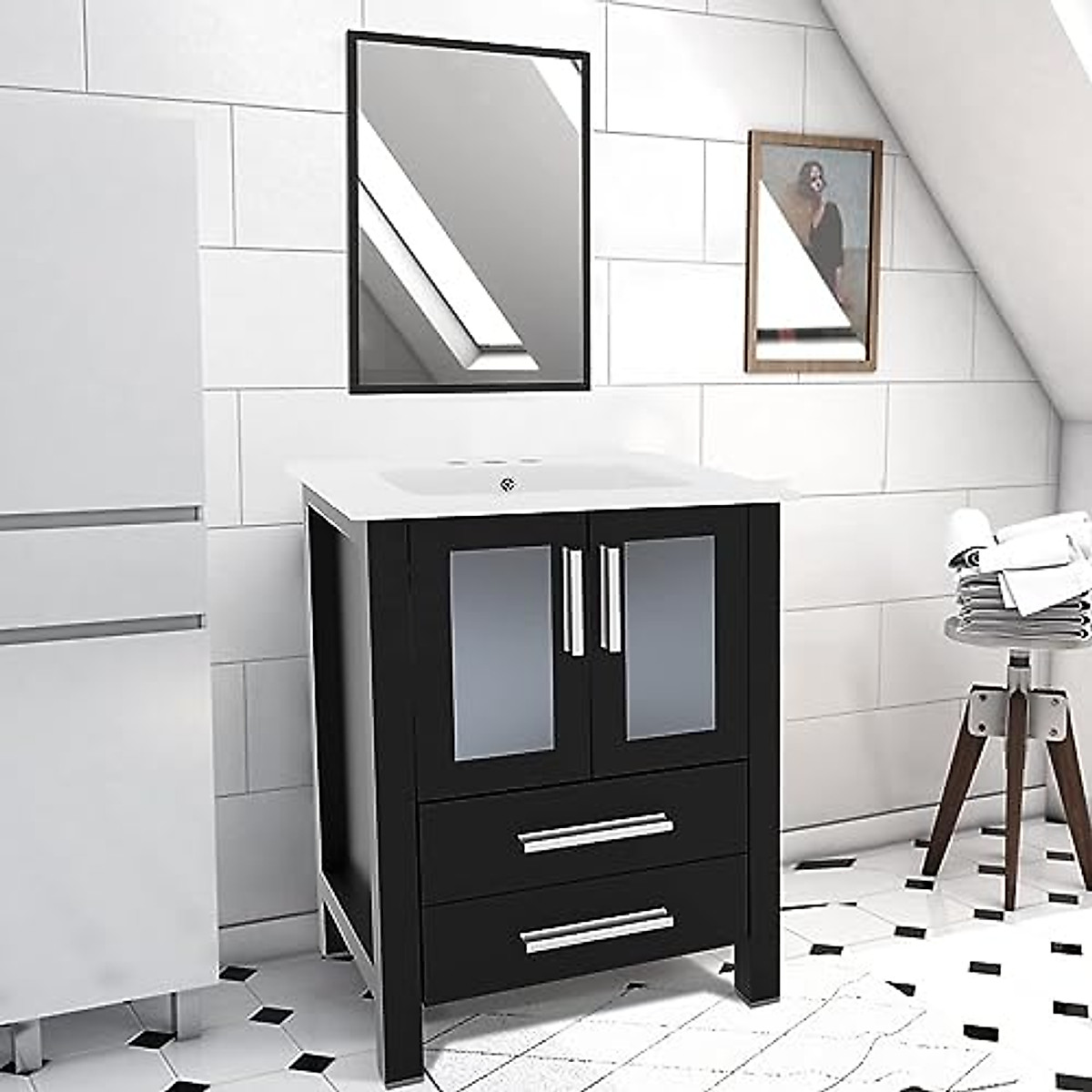 LUCKWIND 24" Modern Bathroom Vanity with Sink Combo, Black MDF Bathroom Storage Cabinet with Overflow 3-Hole Drop in Ceramic Vessel Sink Top & Mirror, Excluding Faucet