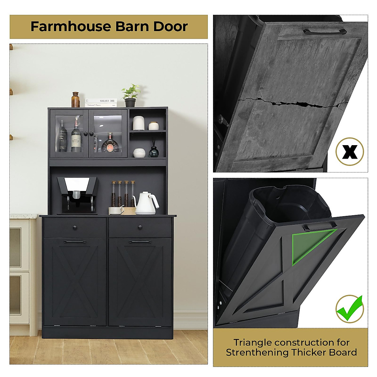 Arlopu Dual Tilt Out Trash&Storage Cabinet, Kitchen Sideboard Cupboard W/Pet Proof 10X2 Gal Hidden Garbage Holder, Freestand Laundry Sort Cabinet, W/Drawer, Shelves,Barn Door (Black)