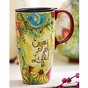 CEDAR HOME Coffee Ceramic Mug Porcelain Latte Tea Cup With Lid 17oz. Enjoy Life