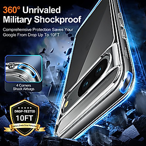 Oterkin Google Pixel 8 Clear Case, 20X Anti-Yellowing, Built-in 4 Airbags, 10FT Military Protection, Tempered Glass Screen Protector, Slim Fit