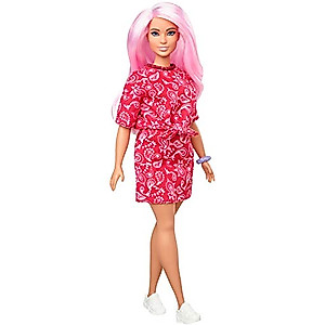 Barbie Fashionistas Doll #151 with Long Pink Hair Wearing a Red Paisley Top & Skirt, White Sneakers & Scrunchie Bracelet, Toy for Kids 3 to 8 Years Old