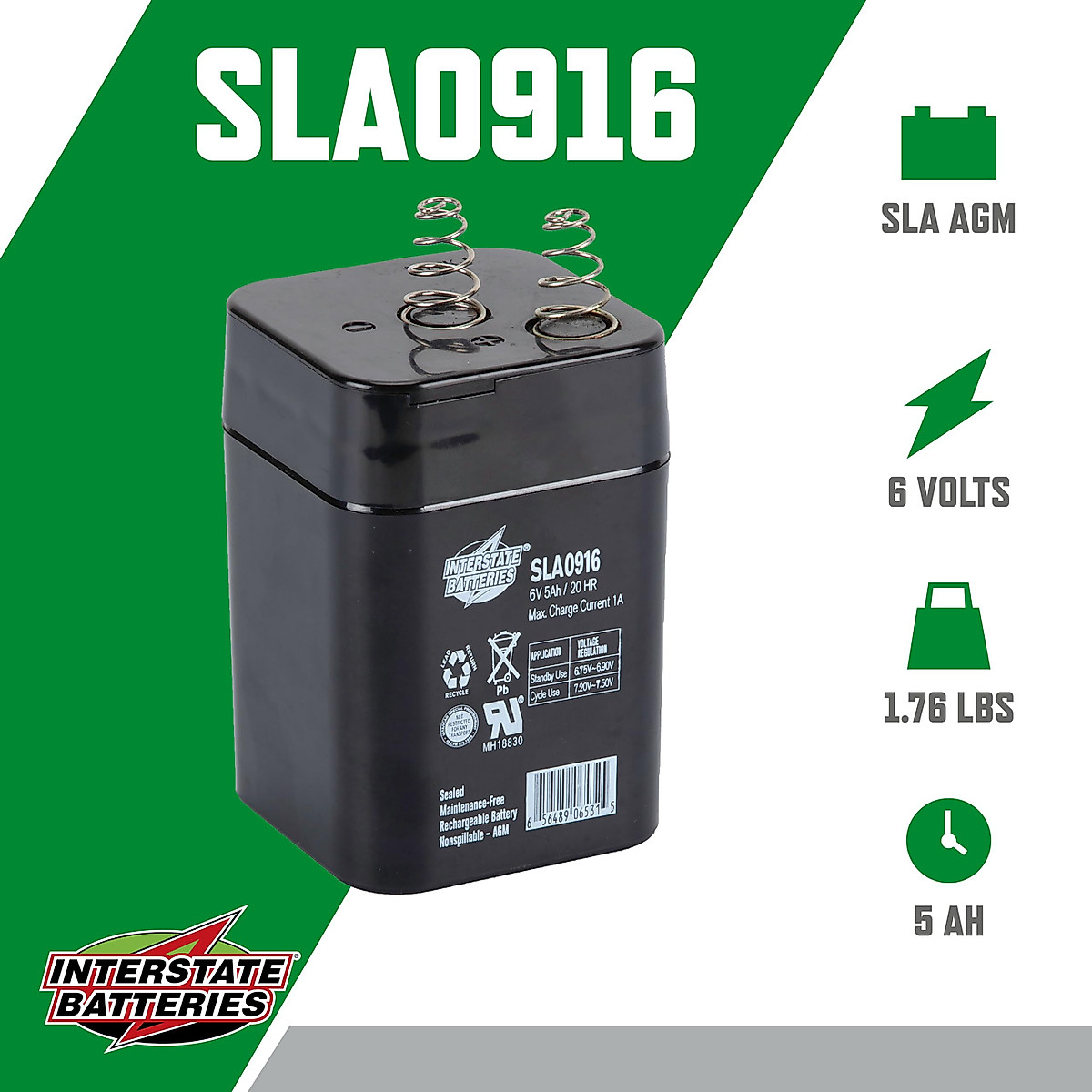 Interstate Batteries 6V 5AH Sealed Lead Acid (SLA) Battery - Spring Terminals (SLA0916)