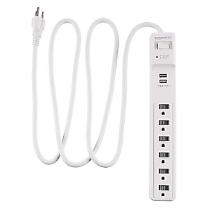 Amazon Basics Rectangular 6-Outlet Surge Protector Power Strip with 2 USB Ports - 1000 Joule, White, 6 ft