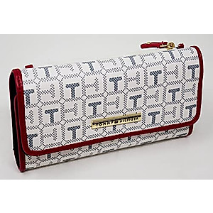 Tommy Hilfiger Women White Gray Red Coated Canvas Logo Checkbook Wallet Clutch Bag