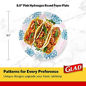 Glad Round Disposable Paper Plates for All Occasions | Soak/ Cut Proof, Microwaveable Heavy Duty Disposable 8.5" Diameter, 50 Count Bulk Plates, Pink Hydrangea
