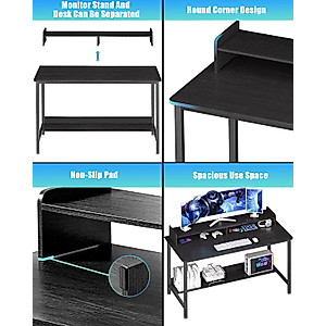 WOODYNLUX Computer Desk with Shelves, 43 Inch Gaming Writing Desk, Study PC Table Workstation with Storage for Home Office, Living Room, Bedroom, Metal Frame, Black.