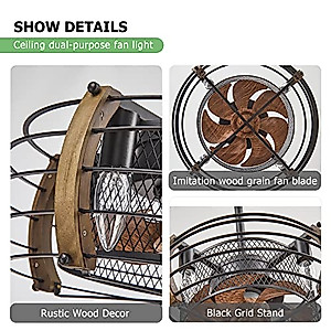 SADENICEL Farmhouse Caged Fan with Lights Remote Control, 17 Inch Low Profile Bedroom Fans, Rustic Ceiling Fans for Kitchen, Dining Room (Antique Wood-E)