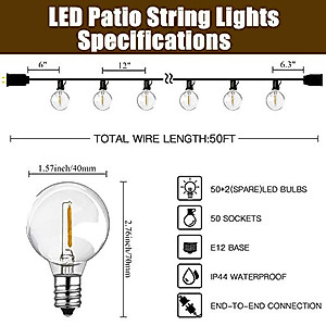 BRILLIHOOD 50ft LED G40 String Lights Outdoor Patio String Lights with 52 Bulbs, Warm White, Outdoor Waterproof Hanging String Light for Garden Bistro Wedding Party Pergola Backyard Decor